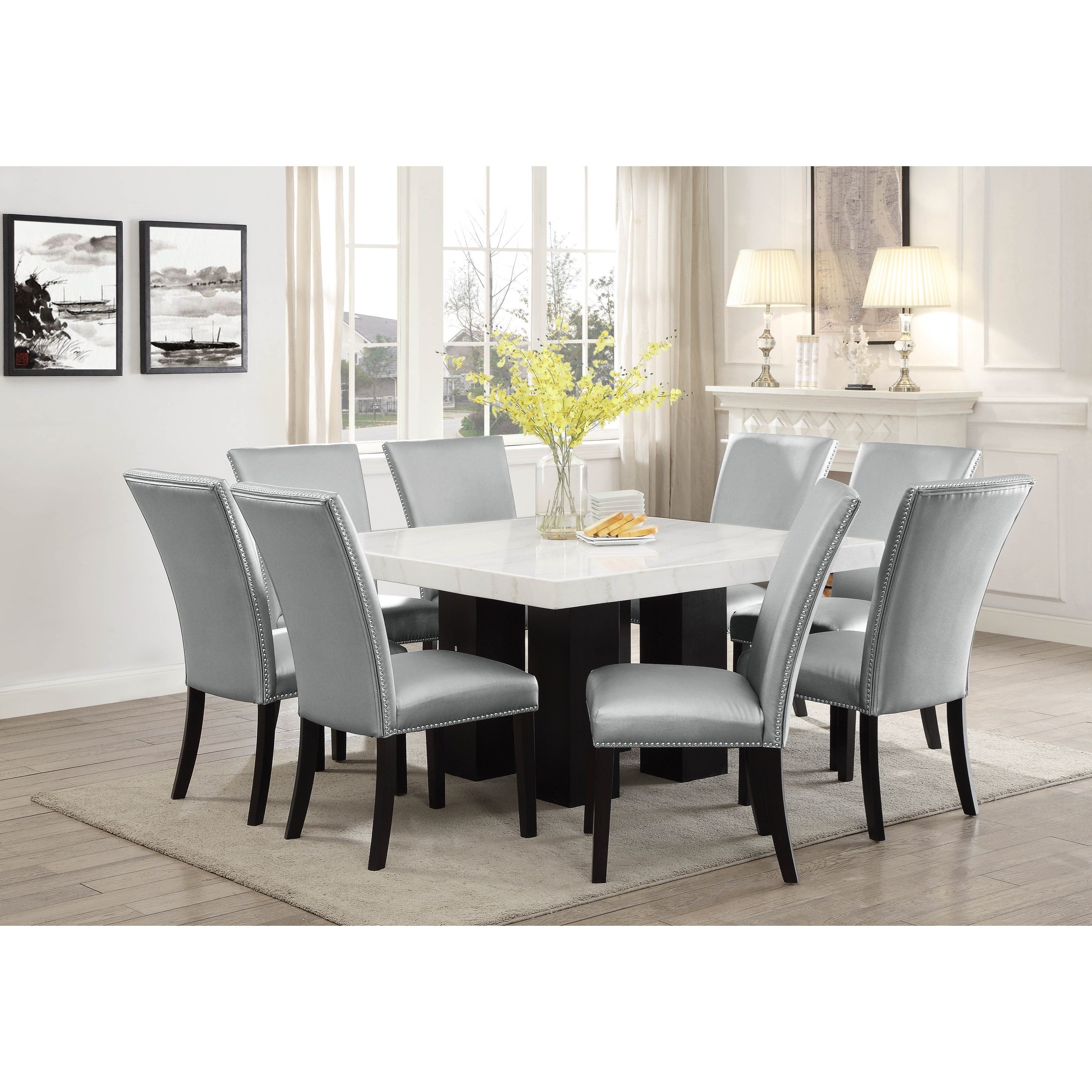 Steve Silver Camila CM420WBx1 CM540PTx1 Contemporary Glam Square Dining Table with Marble Top Dunk Bright Furniture Table Dining formal
