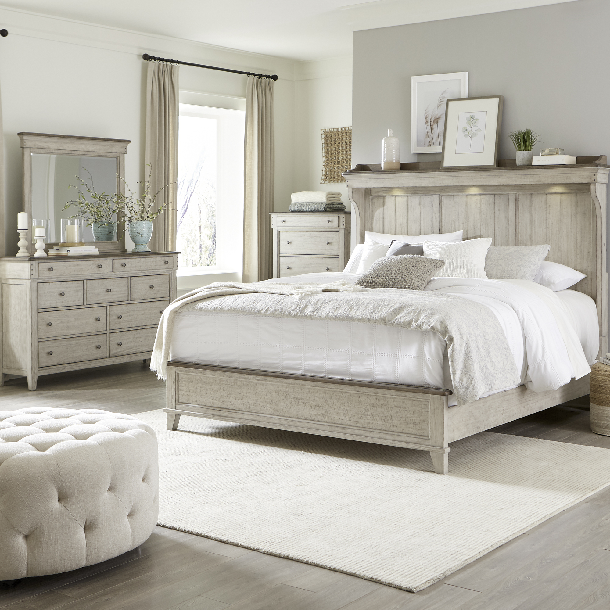 Liberty Furniture Ivy Hollow 457 BR KMTDMC Farmhouse 4 Piece King Mantle Bedroom Set with Bedroom Chest Wayside Furniture Mattress Bedroom Group