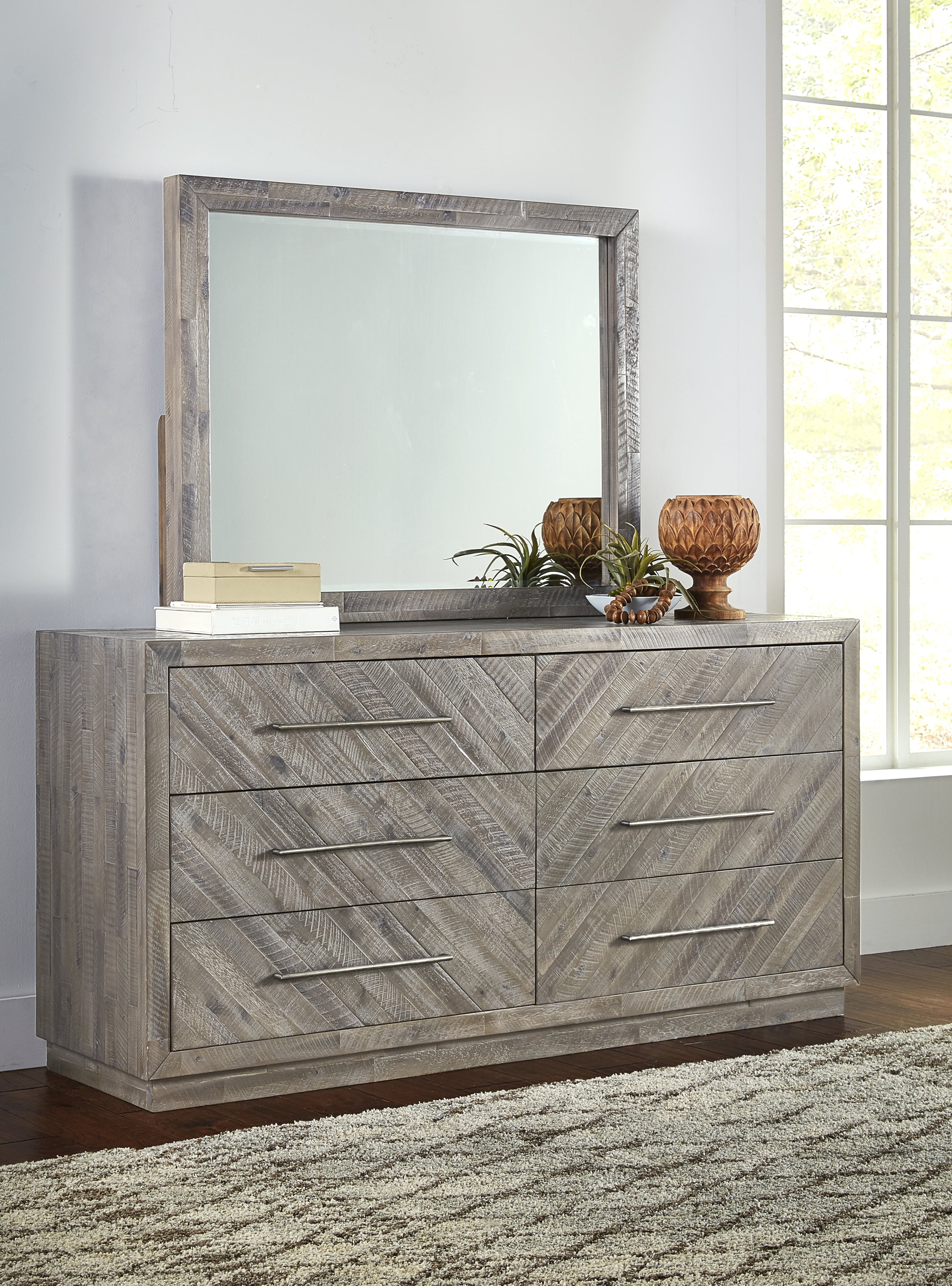 Modus Furniture Alexandra 5RS382A Herringbone Solid Wood 6 Drawer Dresser in Rustic Latte Reeds Furniture Dressers