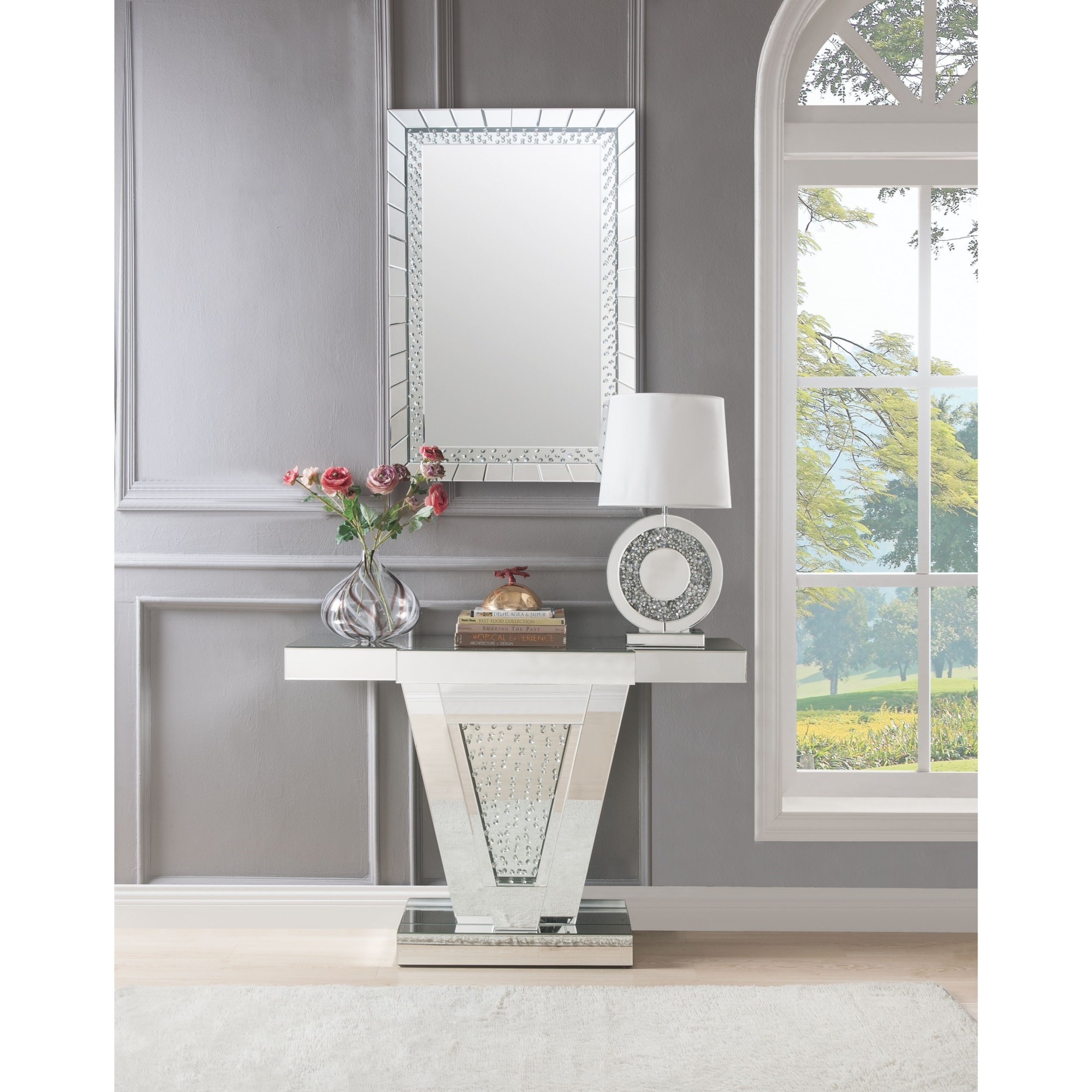 Acme Furniture Nysa 90064 Glam Mirrored Console Table with Faux Crystal ...