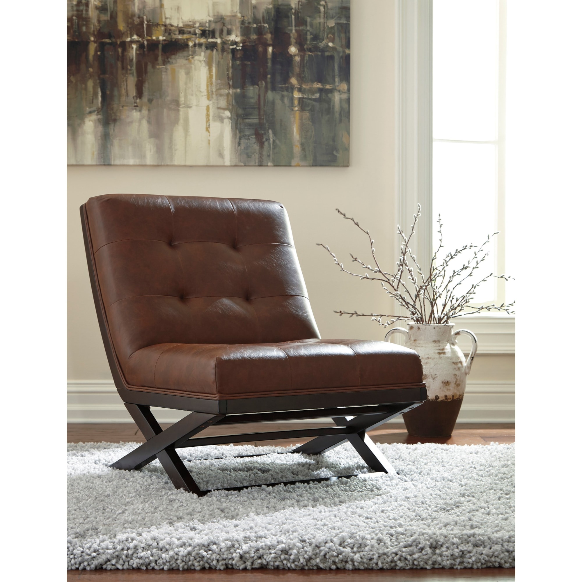Signature Sidewinder 656101 Wood X-Base Armless Accent Chair with Brown ...
